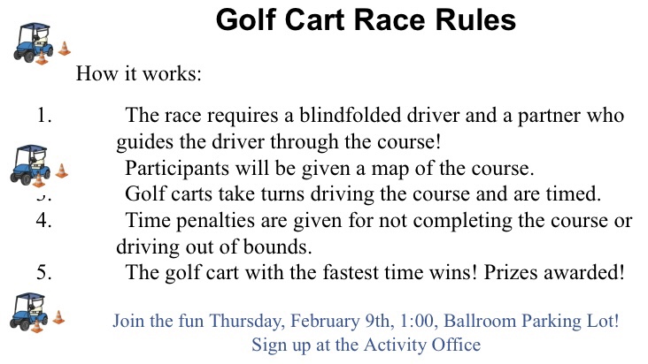 Golf Cart Race Rules! Sign Up @ the Activity Office! – Victoria Palms ...