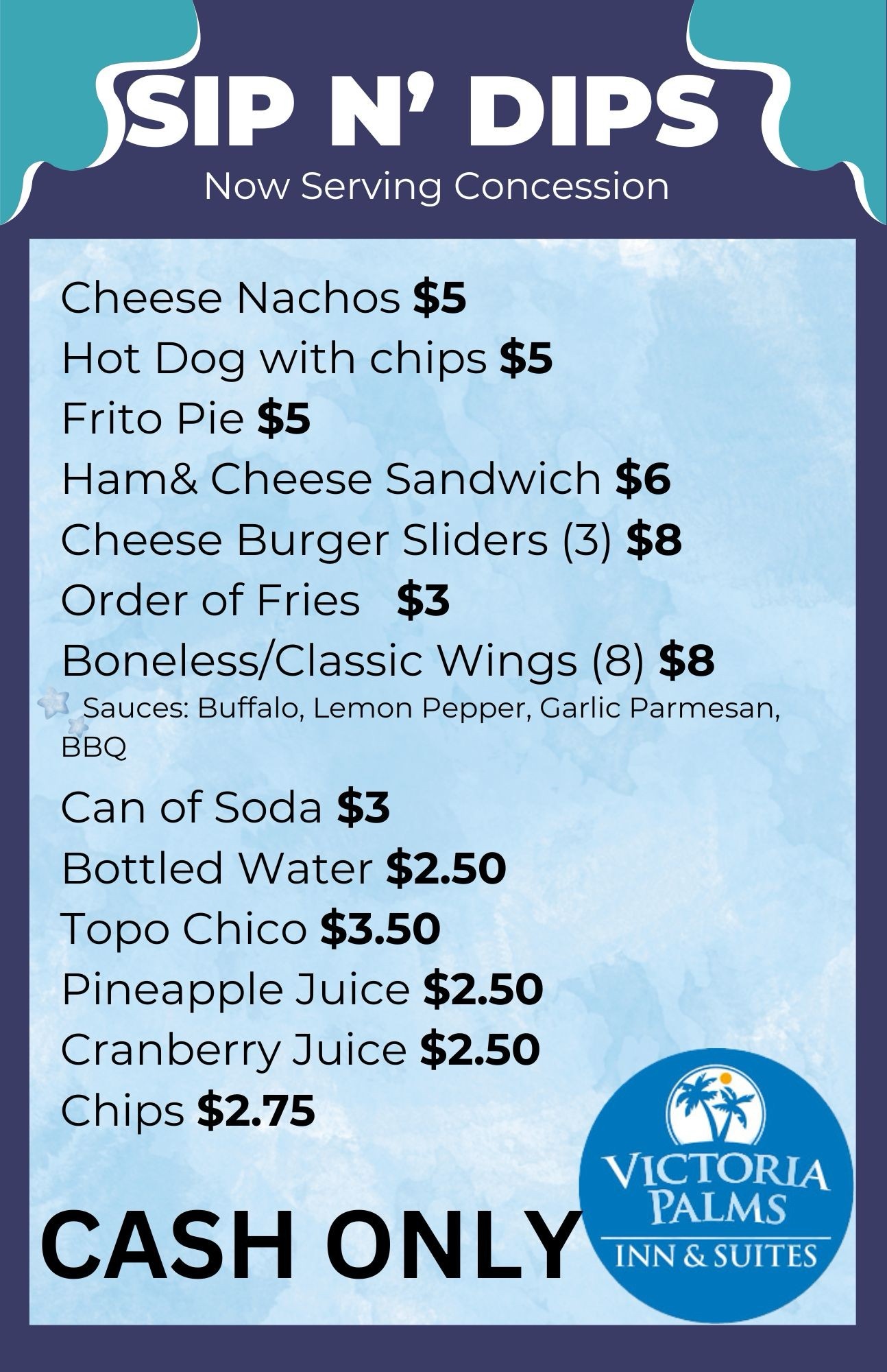 Sip N’ Dip Concession Menu – Victoria Palms Online Blog